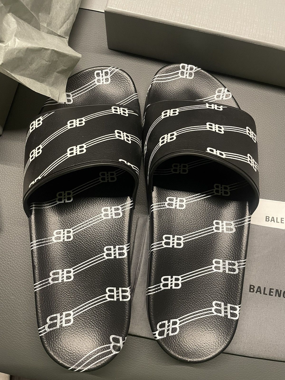 Balenciaga NEW Rare Runway Limited Edition License BB Logo Pool Slides ...