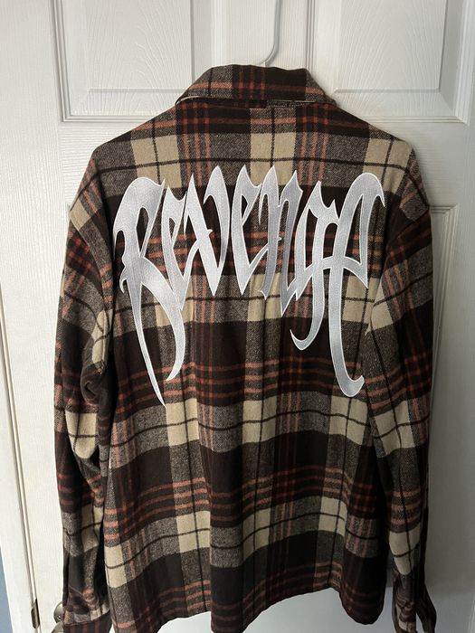 Revenge brown embroidered revenge zip-up flannel jacket | Grailed
