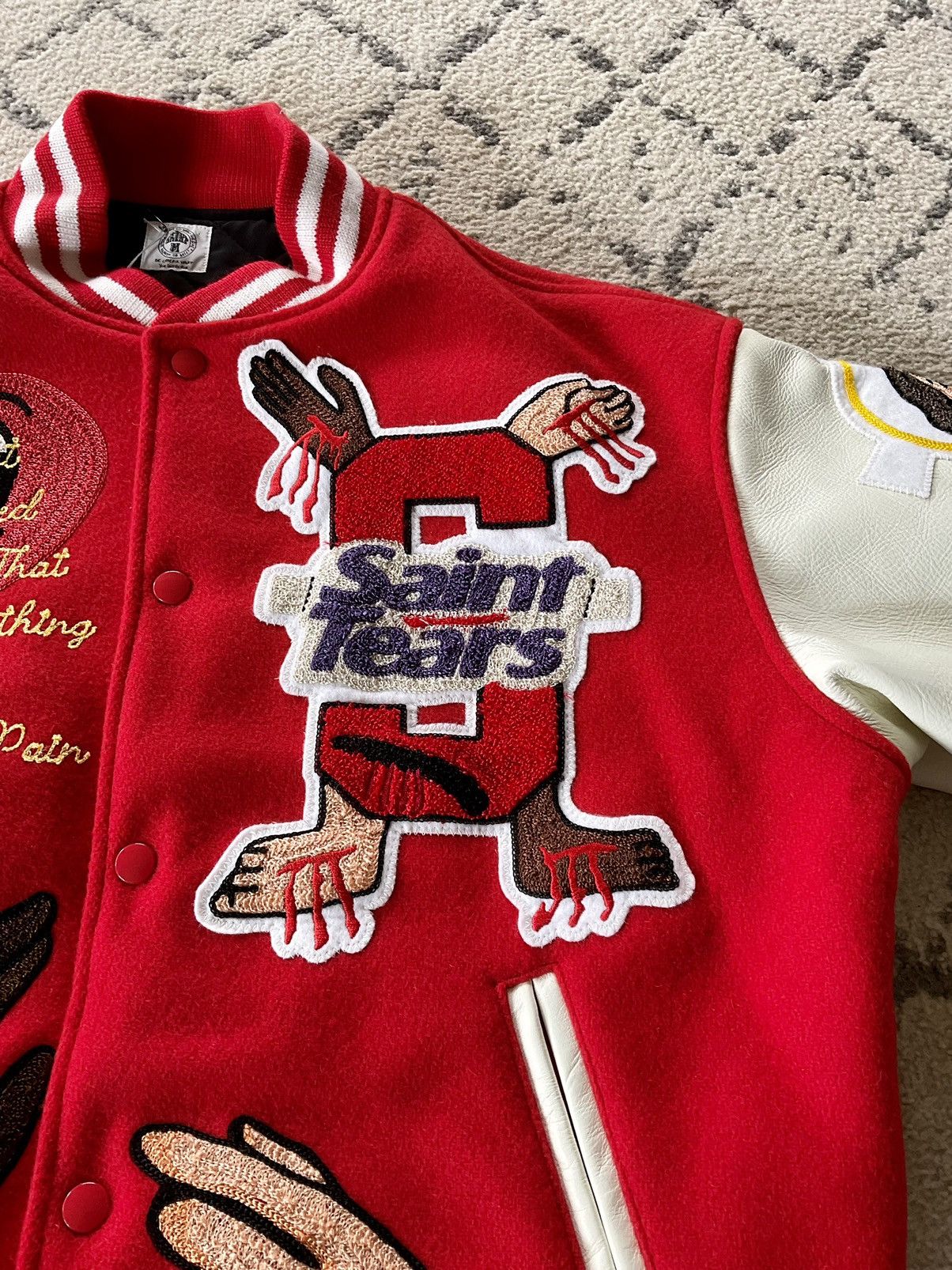 DENIM TEARS × READYMADE × Saint Michael Saint Michael Denim Tears Letterman Varsity Jacket Red ...