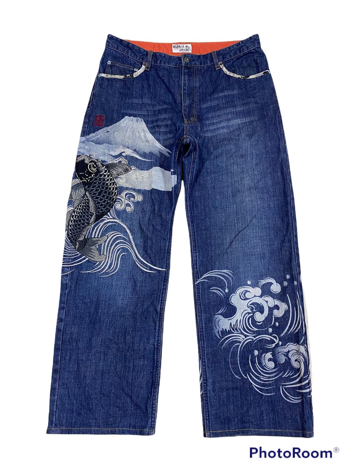 Japanese Brand Japanese Motive Embroidered Fish Koi Fuji Mountain Denim ...