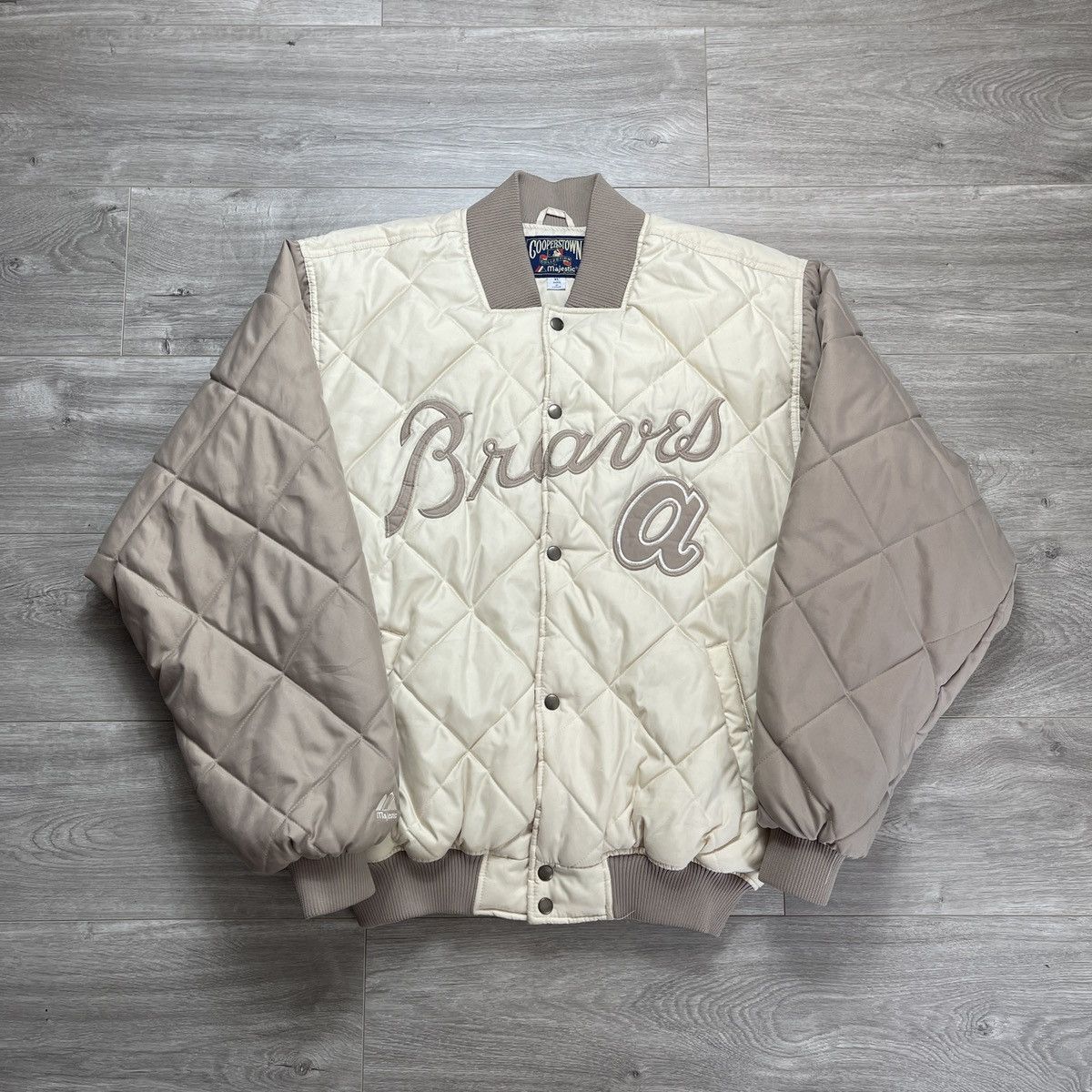 Vintage Cooperstown Collection Atlanta Braves Button Up Bomber Tan ...