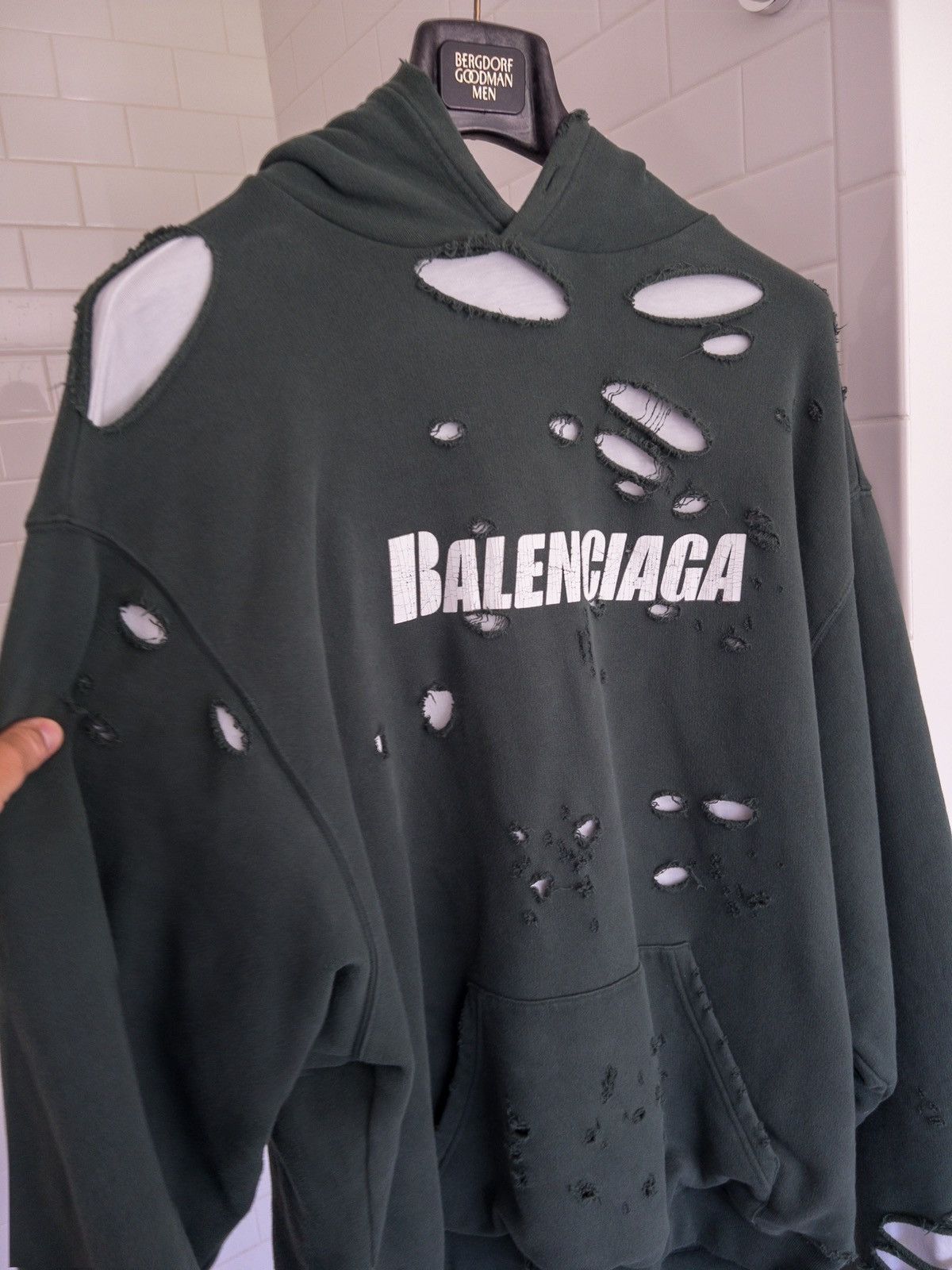 Balenciaga Balenciaga Destroyed Hoodie in Dark Green and White Fleece ...