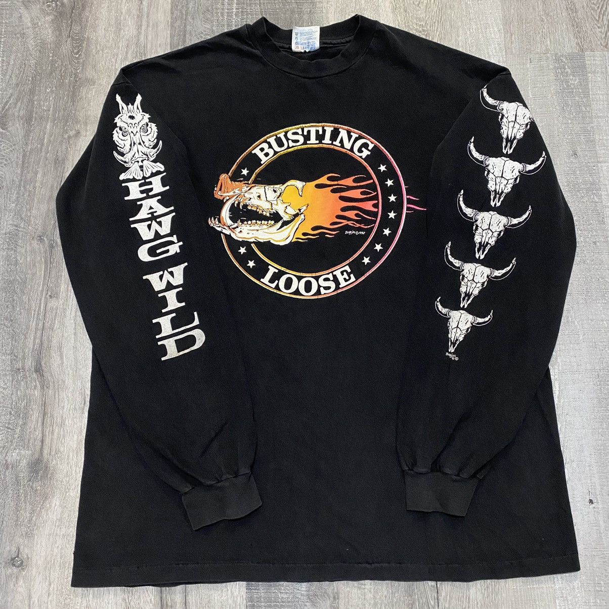 Vintage VTG Hawg Wild Busting Loose 1992 Black Chopper Biker T Shirt ...