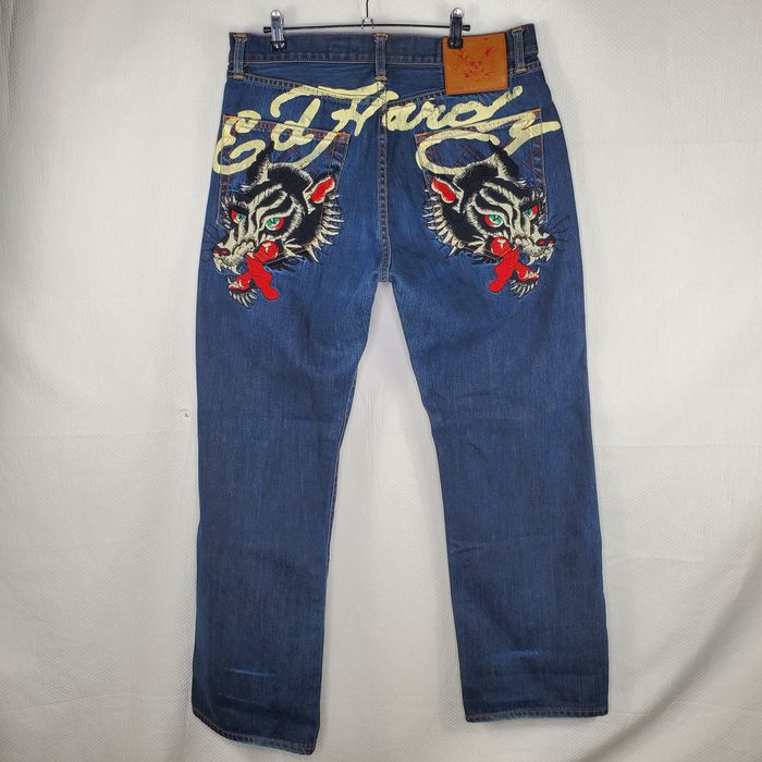 Ed Hardy Rare Y2K Ed Hardy Embroidered Wolf Dark Blue Jeans 36x34 | Grailed