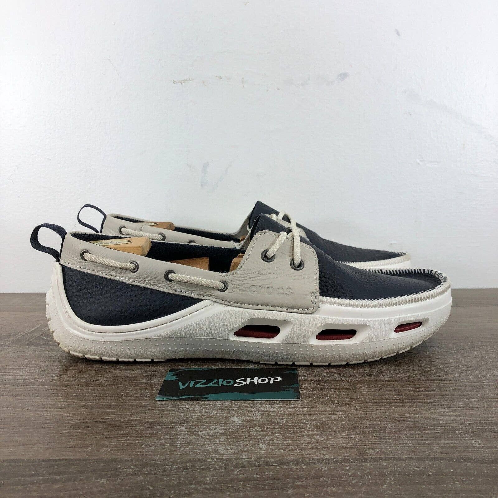Crocs Crocs Cove Sport Navy Leather White Boat Shoes Men's 10 | Grailed