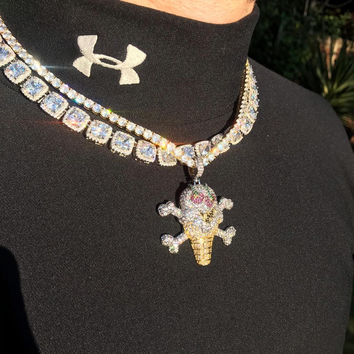 Cuban Link Chain Iced Out Gold Skull Icecream Pendant With Tennis Chain ...