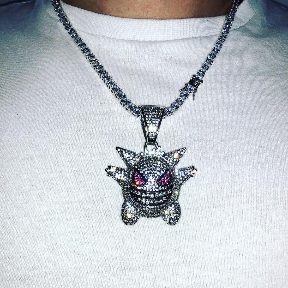 Chain × Diamond Pendant × Jewelry Spiked Gengar Pendant With 4MM Tennis ...