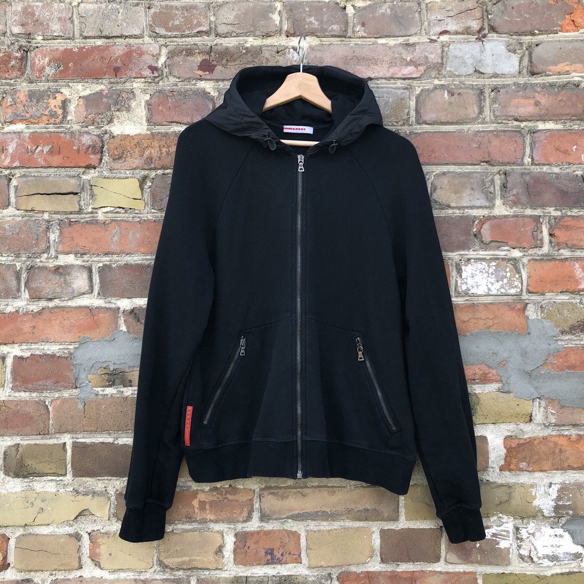 Luxury × Prada × Vintage Prada Zip Black Hoodie Red Tape Tag Vintage ...