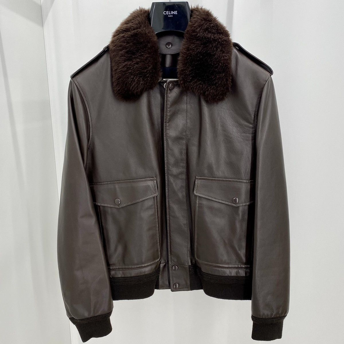 Celine × Hedi Slimane Celine Shearling Collar Aviator Jacket in Small ...