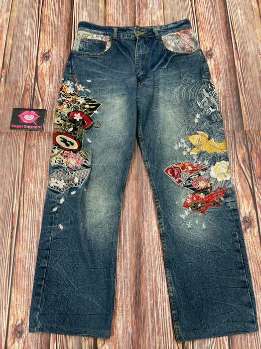 Vintage Japanese Jeans Embroided Koi Fish Wagara | Grailed