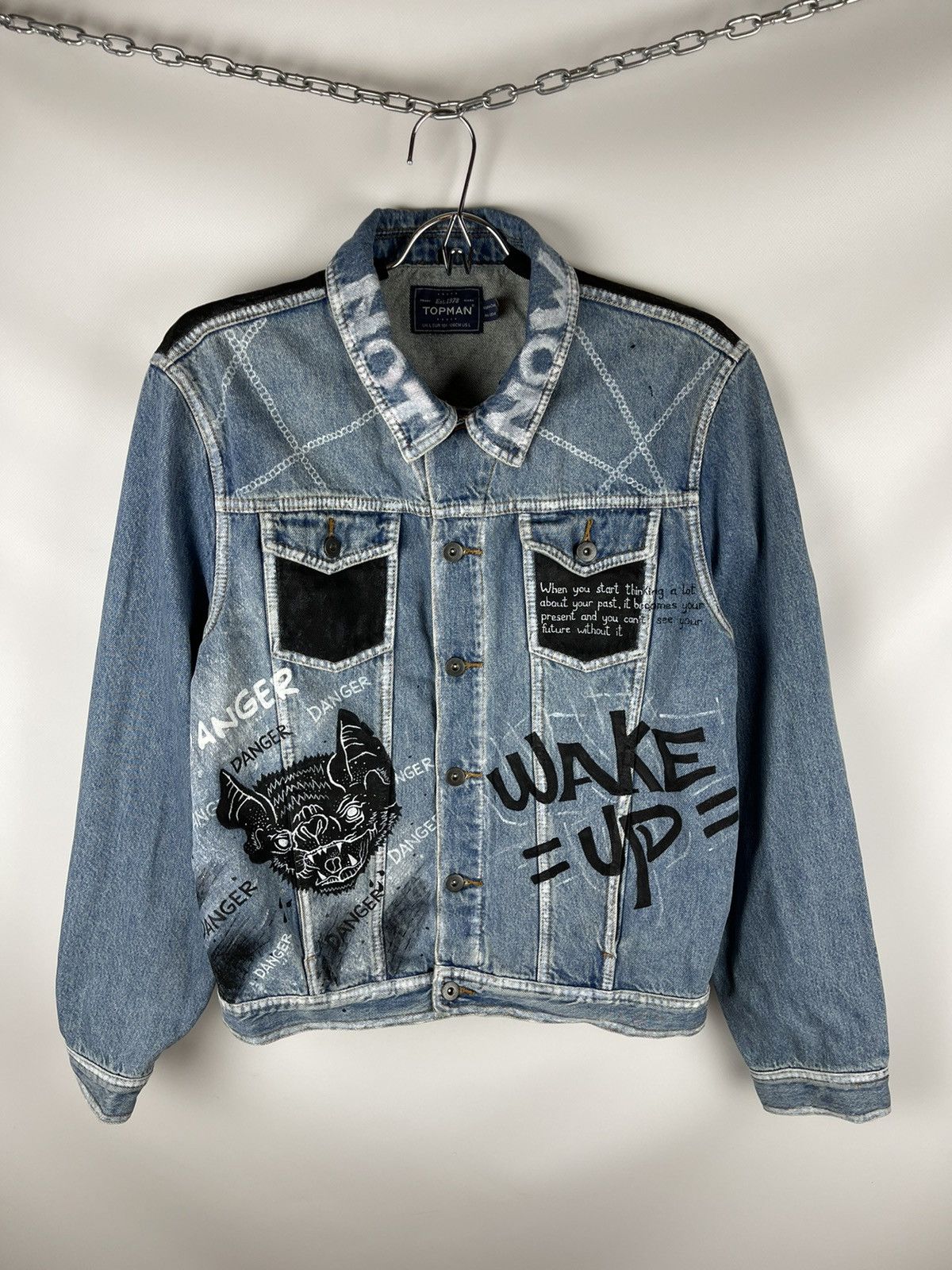 Custom Topman custom hand painted denim jacket bat logo eyes | Grailed