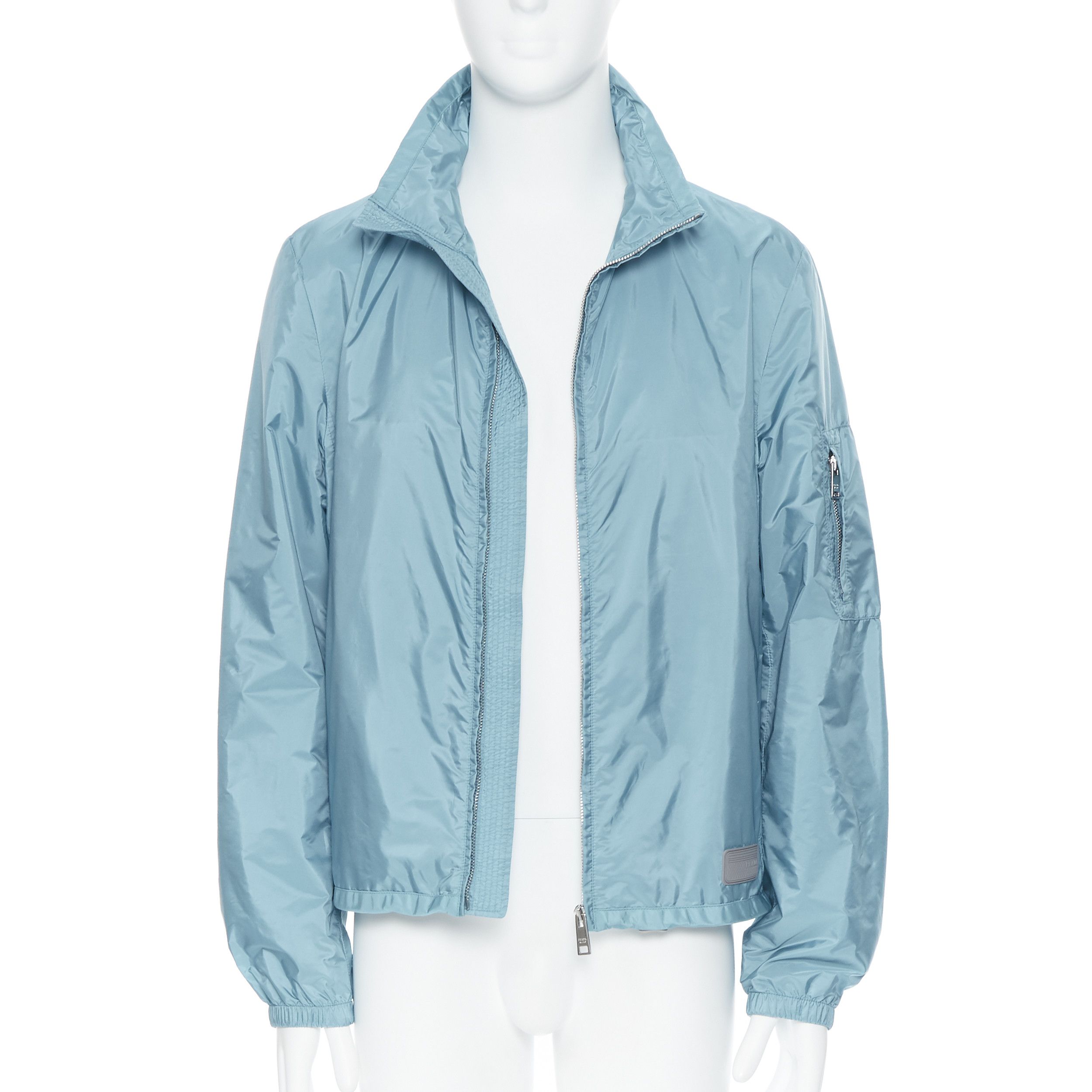 Prada new PRADA Nylon teal blue rubber logo badge zip front ligth shell ...