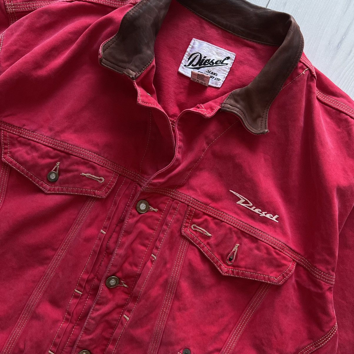 Diesel 90s Diesel Red Washed Trucker Denim Jacket leather Boxy L | Grailed