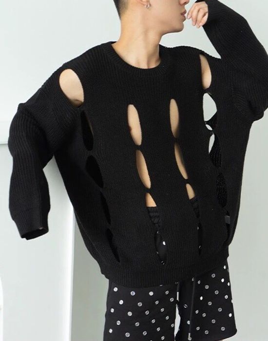 Vintage 🔥Black crew neck holes knit sweater jumper knitwear | Grailed