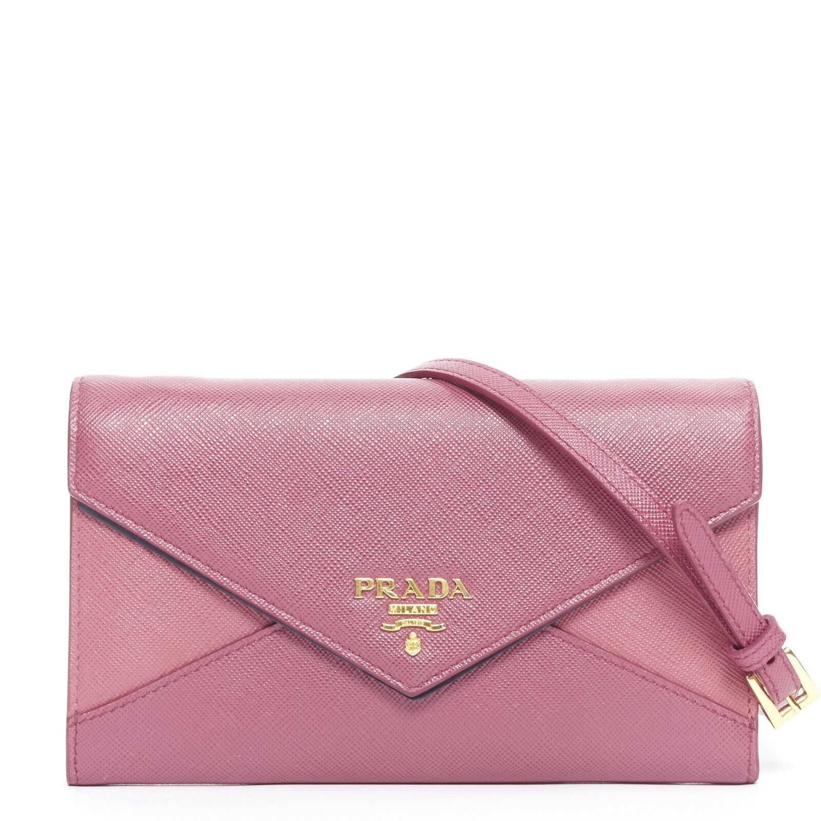 Prada new PRADA pink diamond envelop gold logo flap wallet chain ...