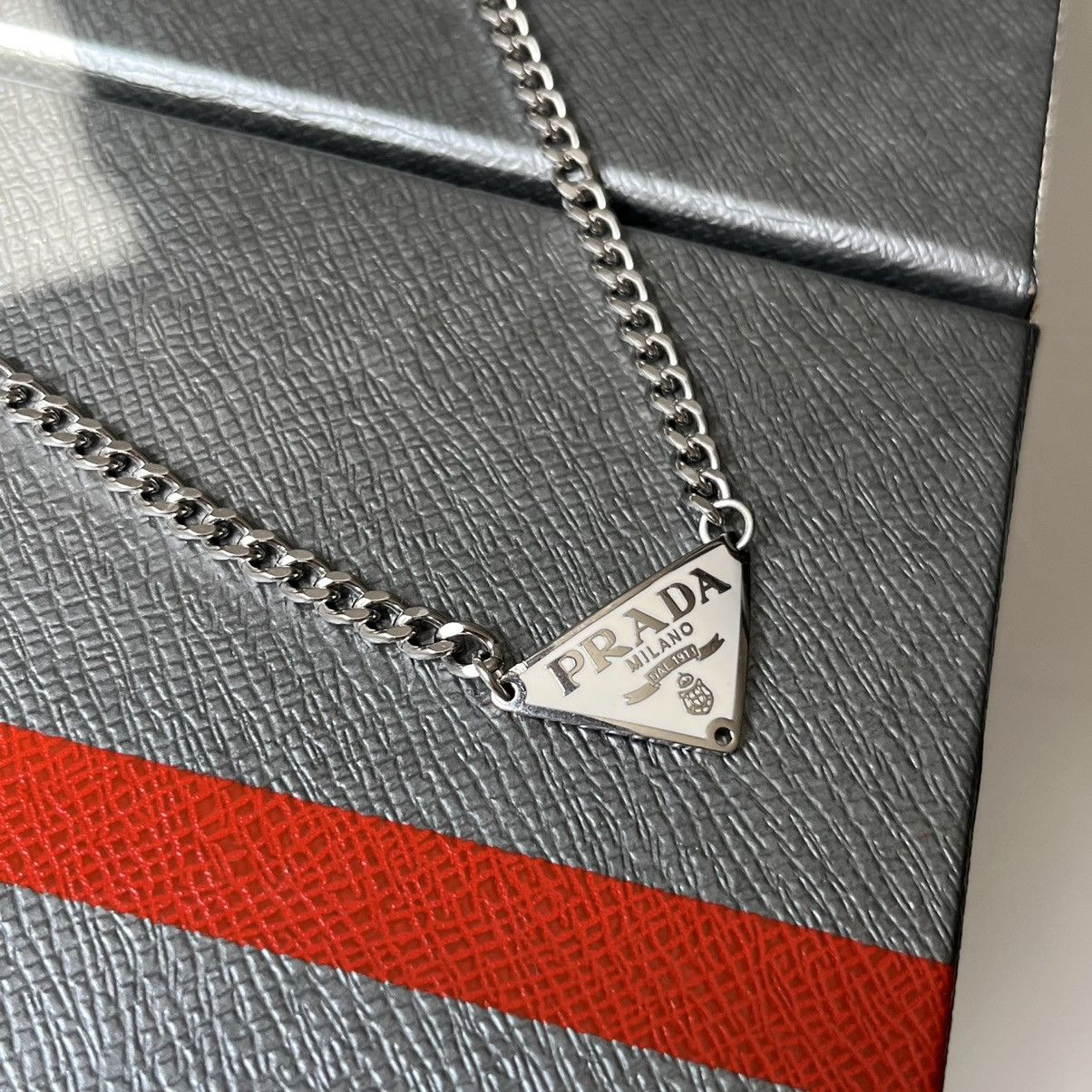 Custom × Prada Prada Necklace chain pendant triangle silver Repurposed ...
