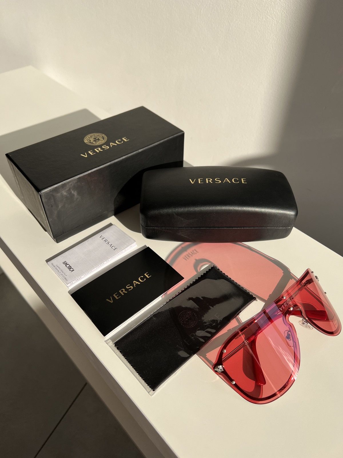 Versace Versace shield mask silver medusa logo red sunglasses | Grailed