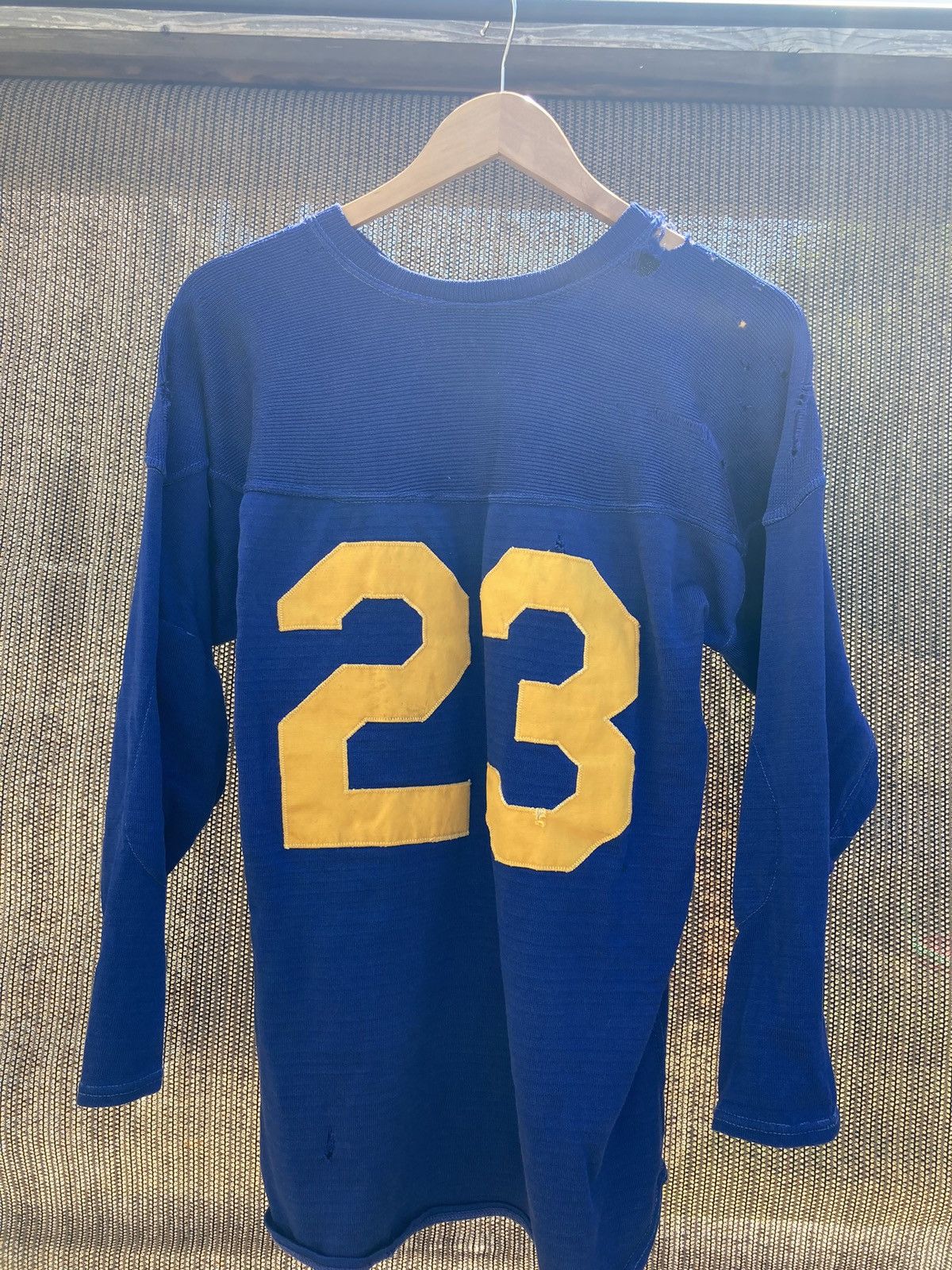 Sportswear × Vintage 50s 60s Distressed Blue and Yellow Football Jersey ...