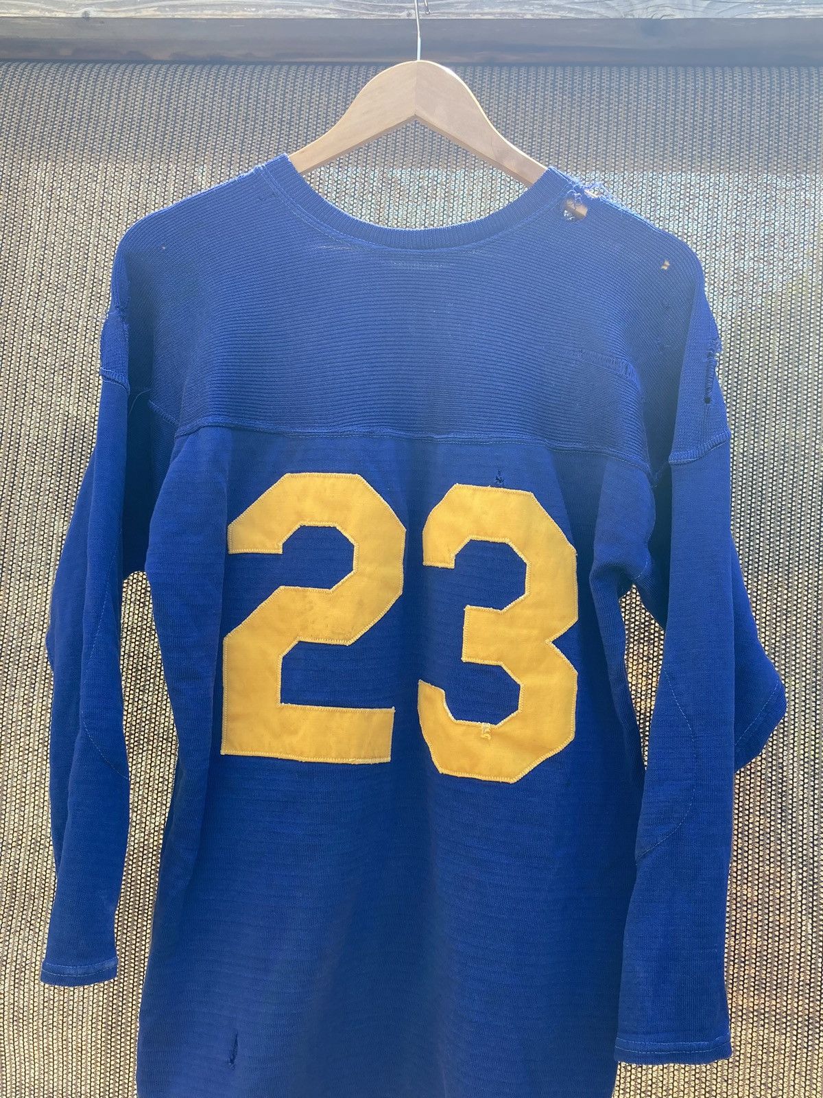 Sportswear × Vintage 50s 60s Distressed Blue and Yellow Football Jersey ...