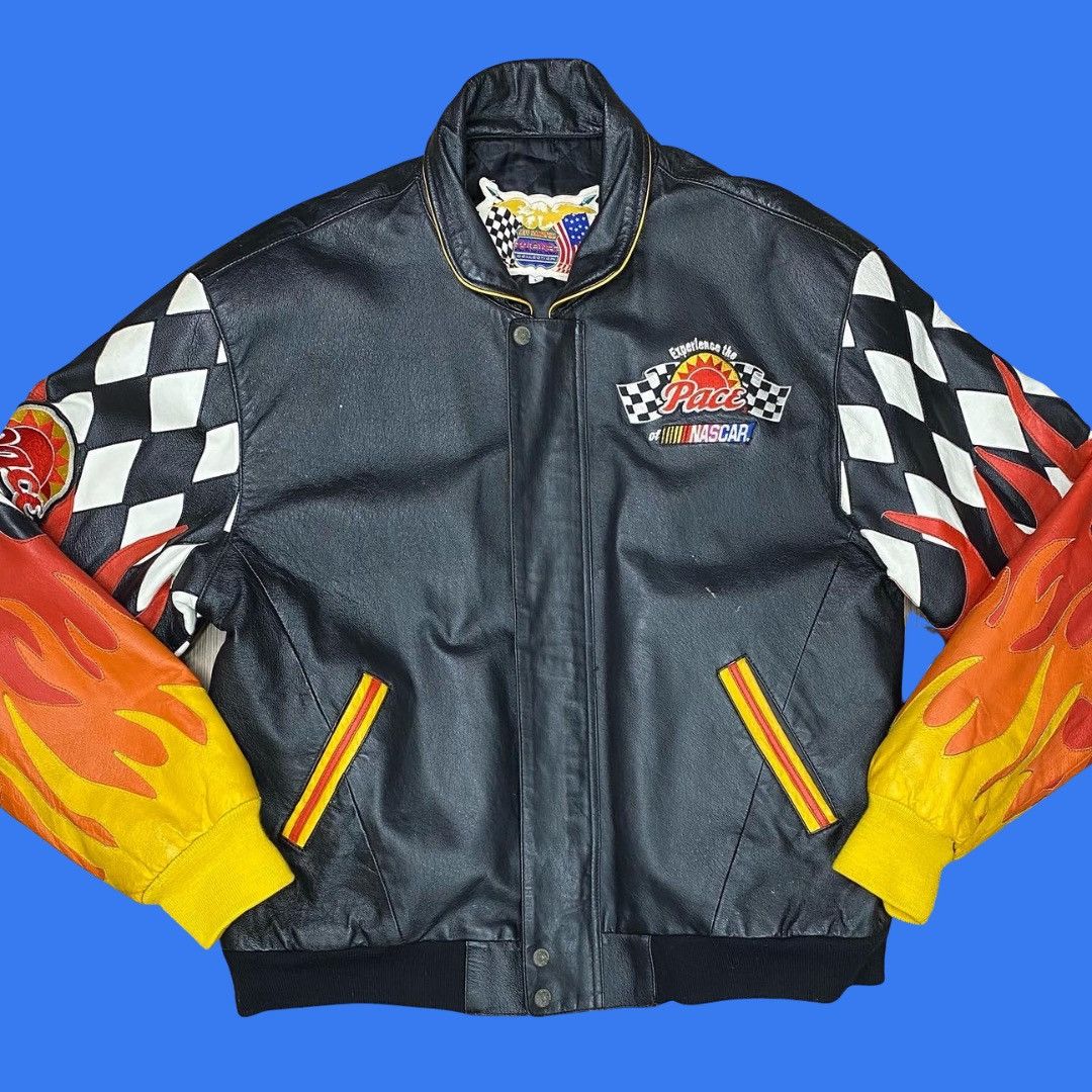 Vintage VTG NASCAR Leather Jacket Flames Jeff Hamilton | Grailed