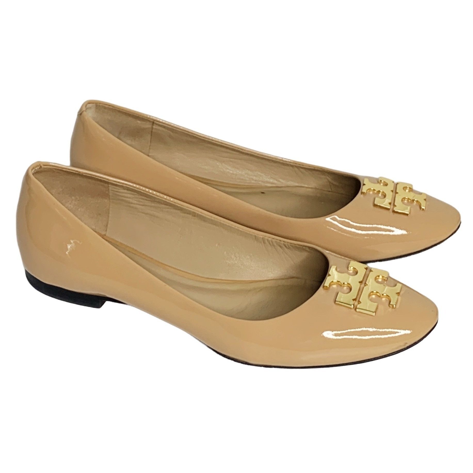 Tory Burch Tory Burch Patent Leather Tan Gold Logo Emblem Ballet Flats ...