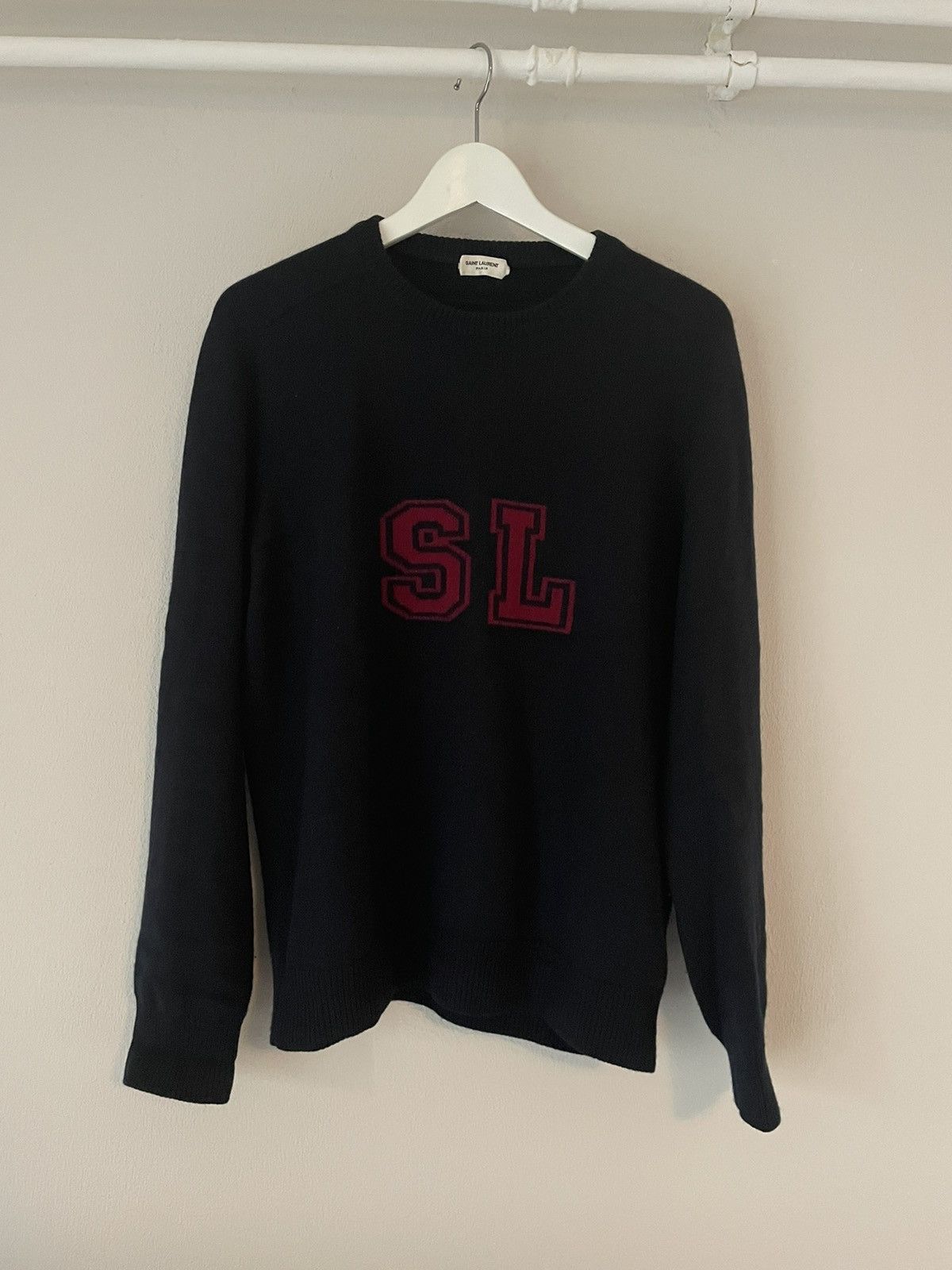 Saint Laurent Paris Navy/Red ‘SL’ Cashmere Knit Sweater | Grailed