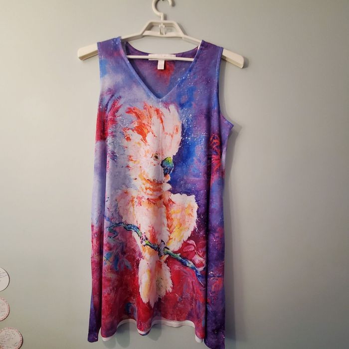 Vintage Leoma Lovegrove dress womens XL Cockatoo bird art beach swim ...