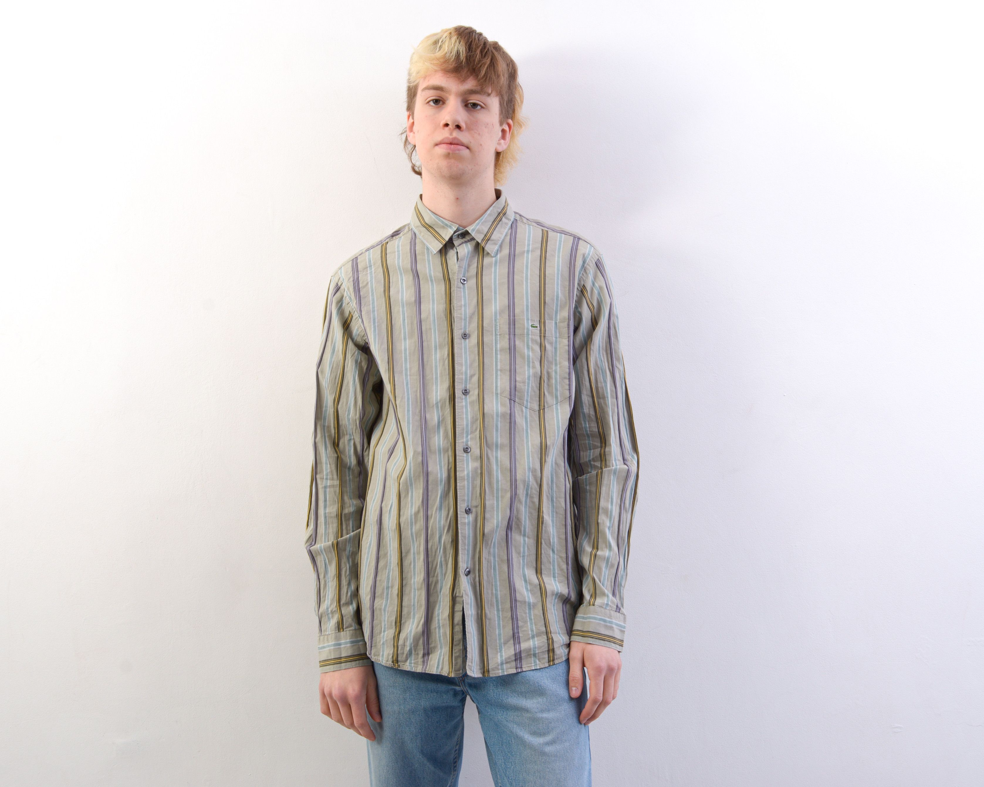 Lacoste × Vintage Size 43 Devanlay Formal Long Sleeve Pinstriped Button ...