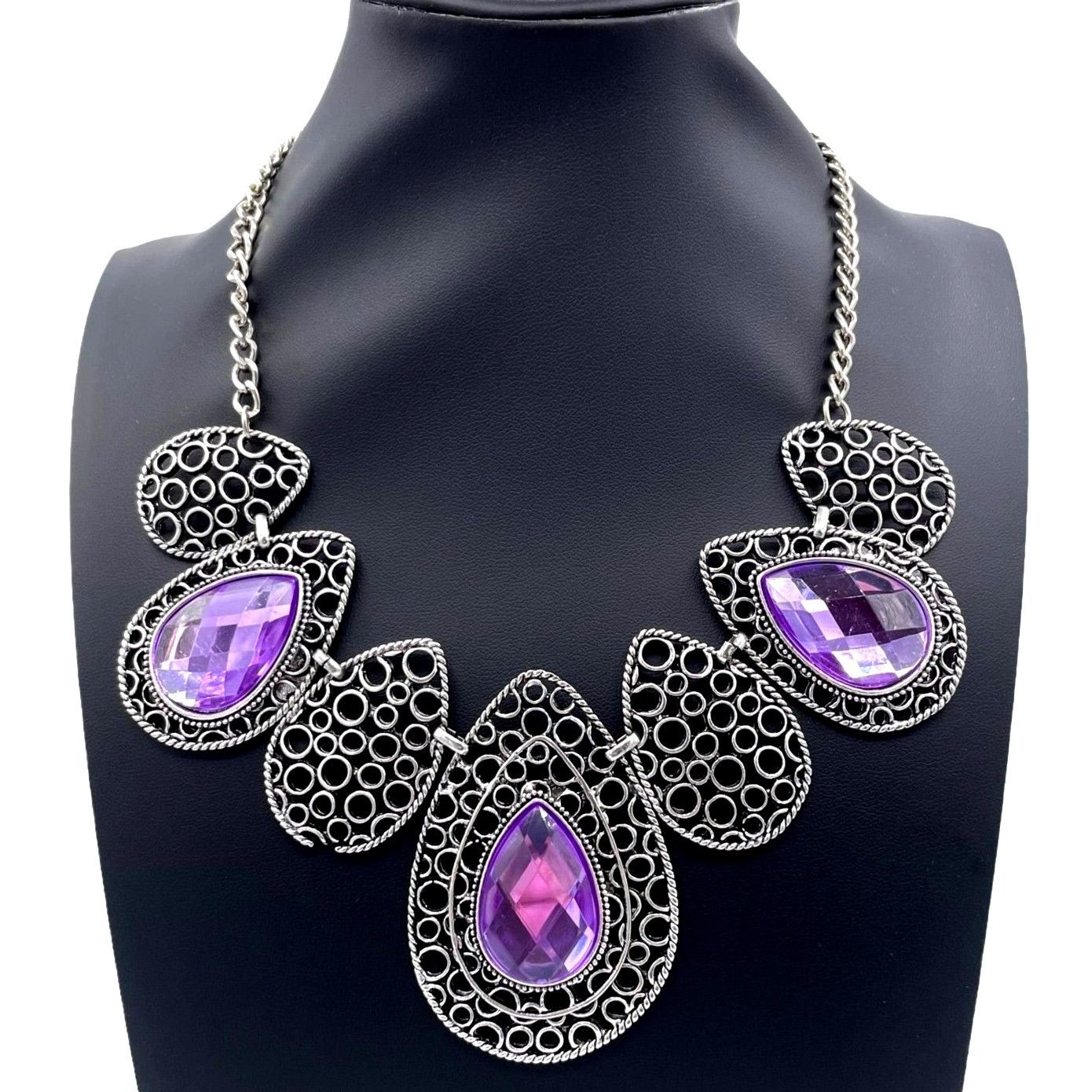 Jewelry Silver Filigree with Amethyst Crystal Teardrop Bib Necklace ...