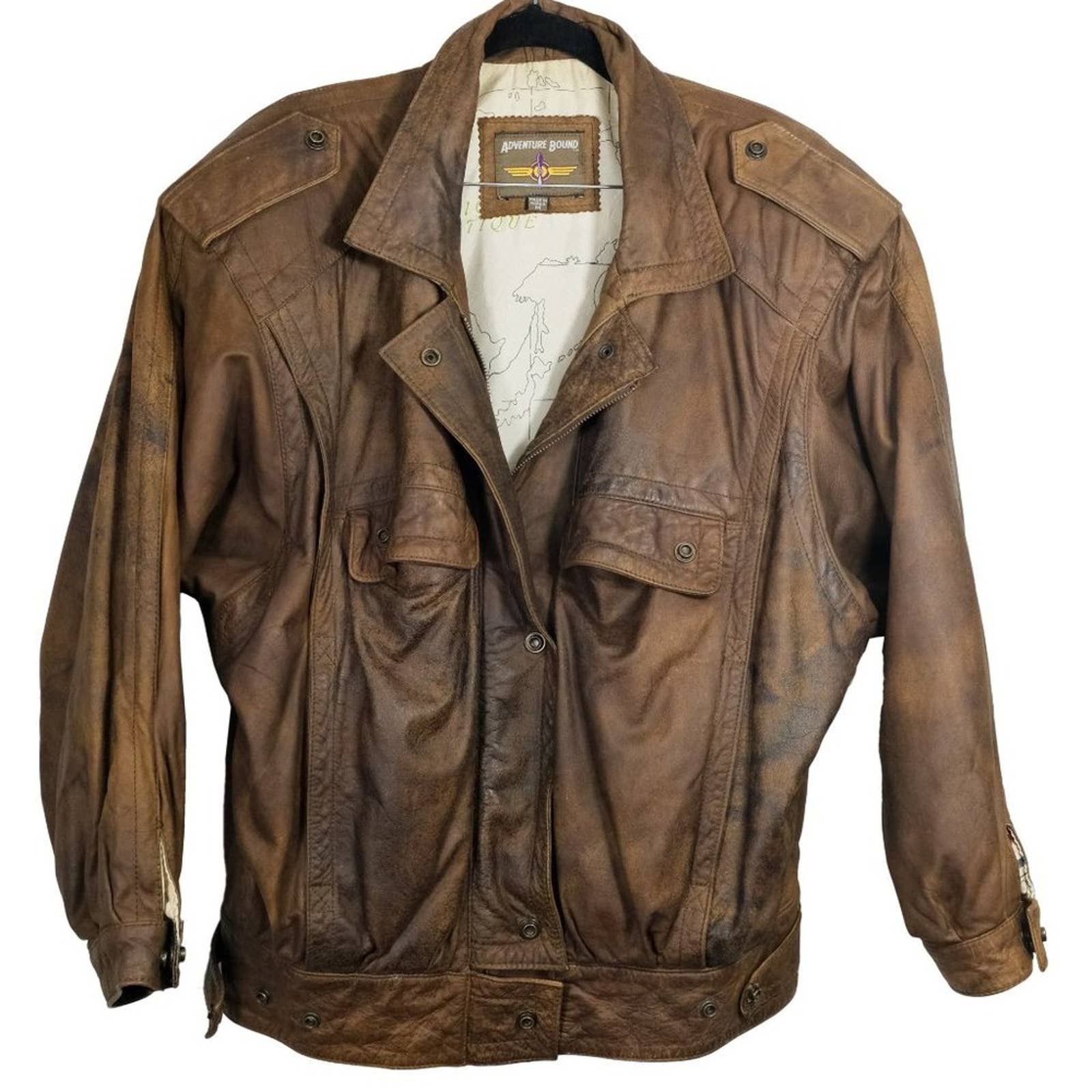 Wilsons Leather Adventure Bound Brown Leather Bomber Jacket Map Lined ...