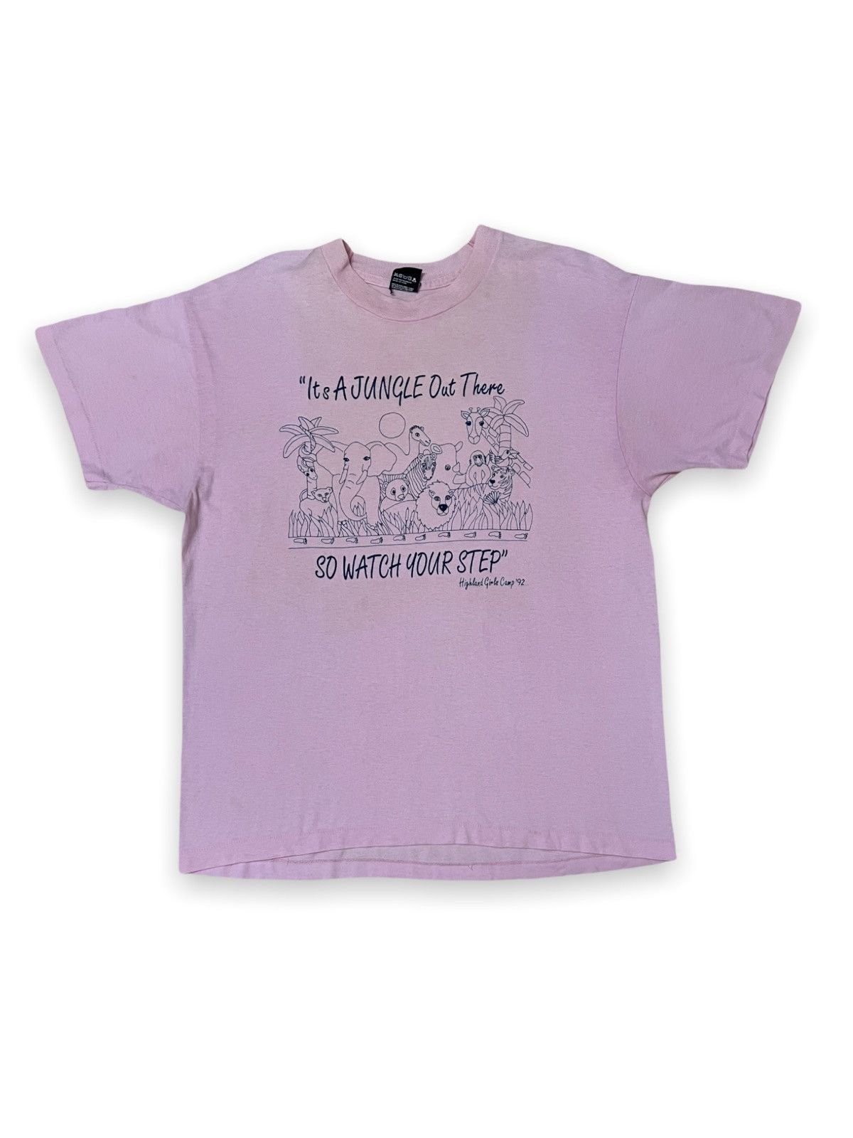 Vintage 1992 ERA DISTRESSED ITS A JUNGLE OUT THERE PINK TEE | Grailed