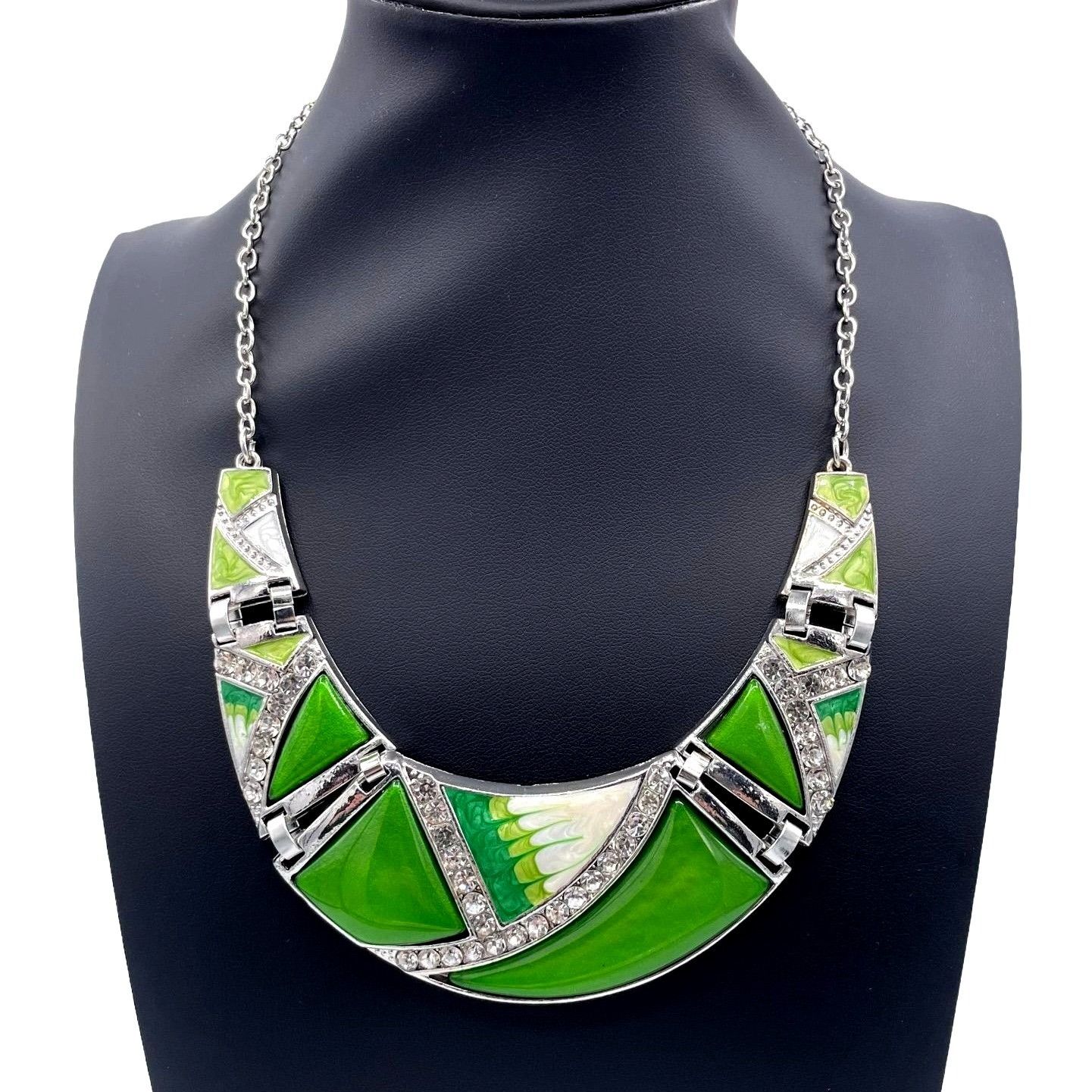 Jewelry Silver with Green and White Oil Drip Crystal Bib Necklace | Grailed