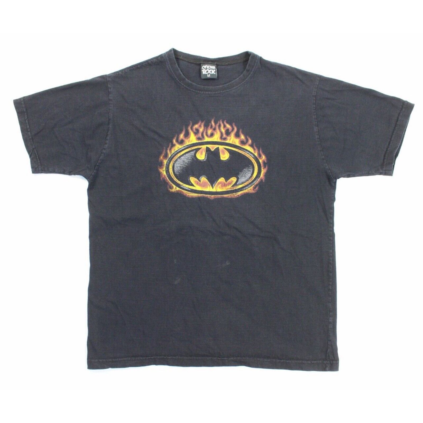Vintage Batman Black Flaming Flames Logo Oficina Rock Mens Medium Movie ...