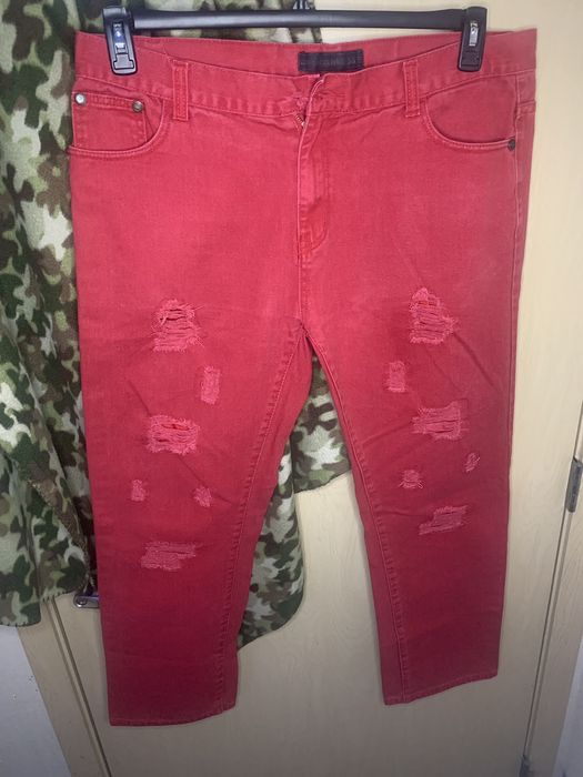 Distressed Denim Red Distressed Denim Jeans | Grailed