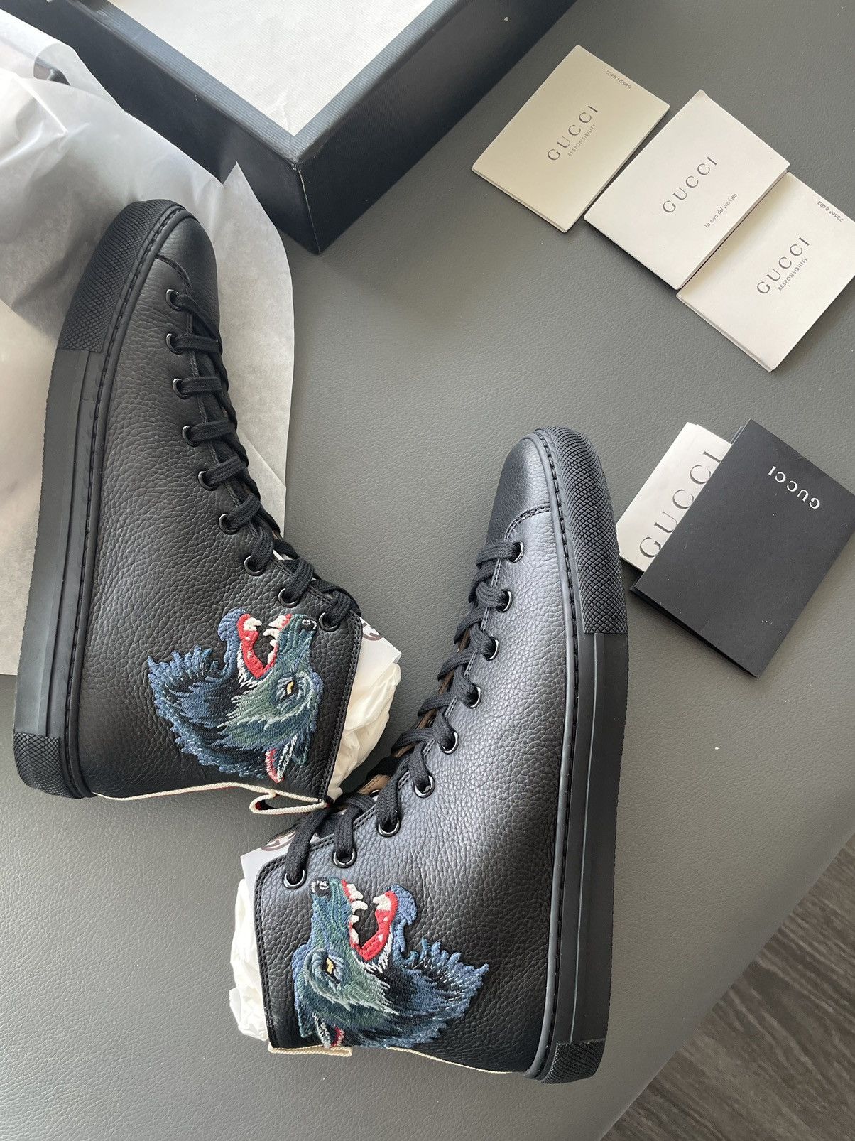 Gucci Limited Edition Runway Panther Wolf Leather High Top Sneaker ...
