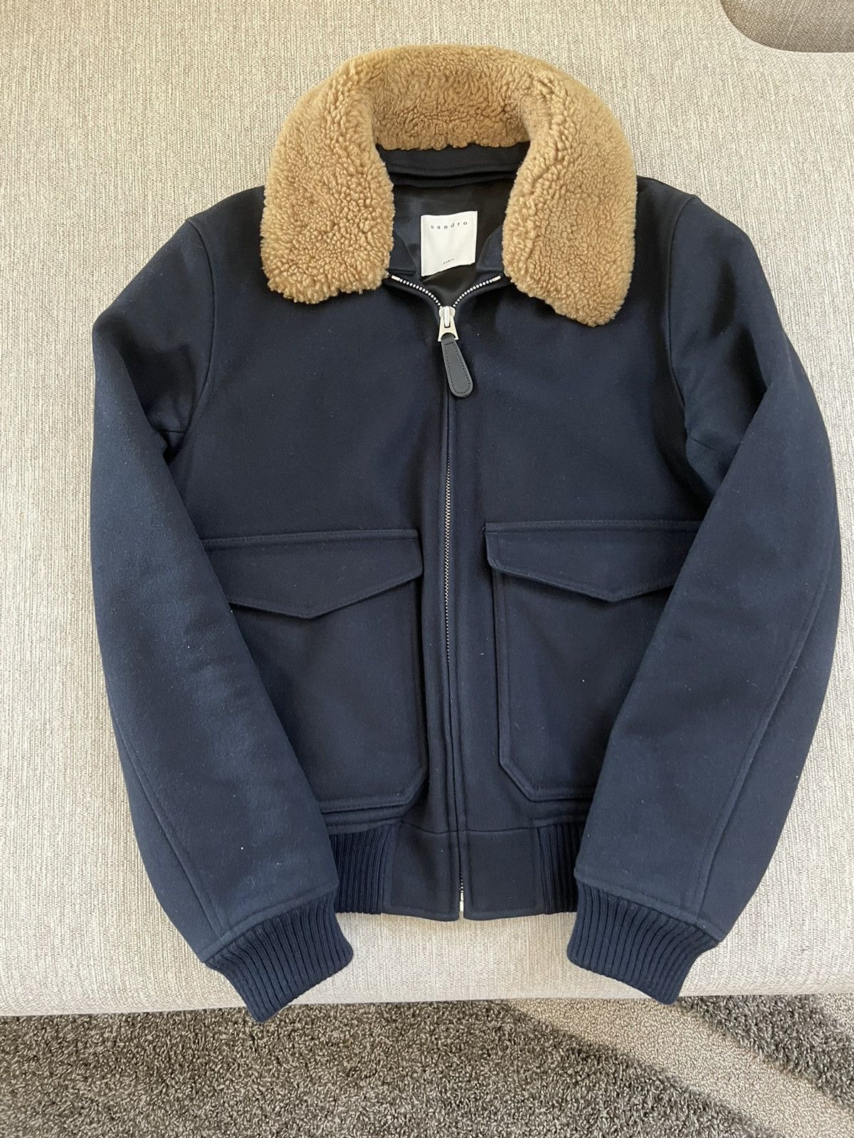 Sandro Shearling-Collar Aviator Jacket Navy Marine Brown | Grailed