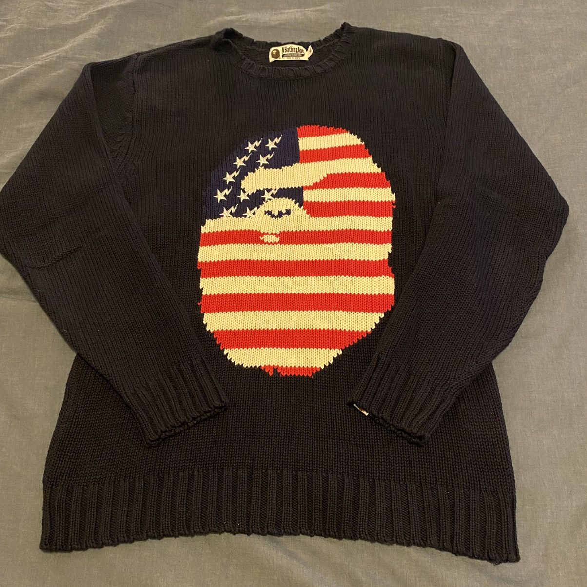 Bape Used Bape USA Flag Face Logo Sweater Navy XL | Grailed