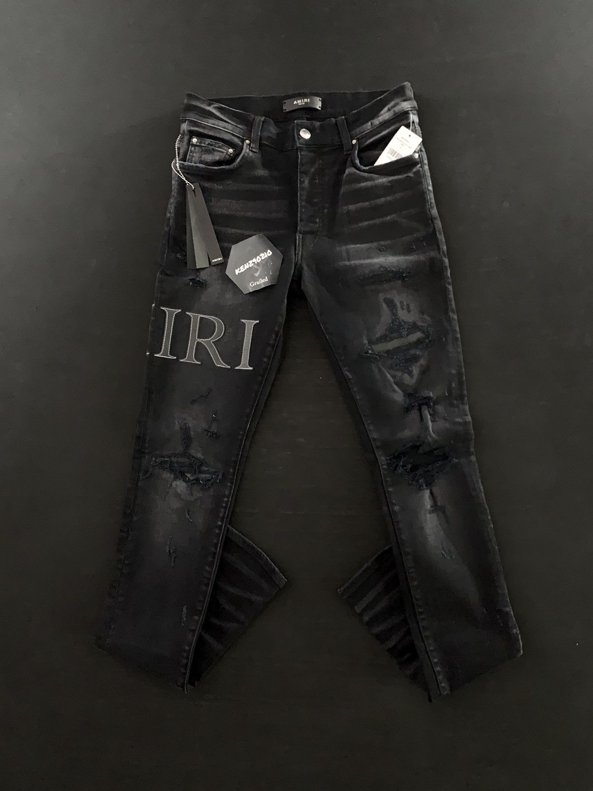 Amiri Amiri Stitched Leather Logo Patch Denim Jeans | Grailed