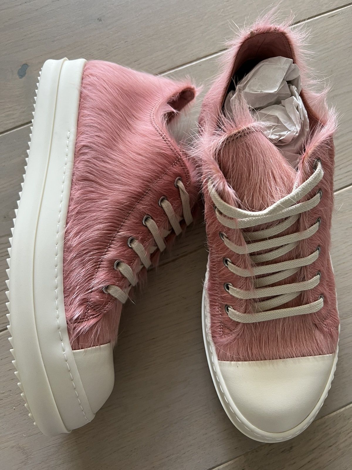 Rick Owens Rick Owens Pink Pony Calf Hair ramones low top sneakers ...