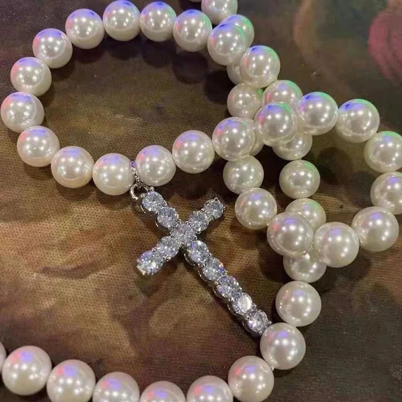 Vintage Pearl Iced Out Cross Jesus Necklace Casual Chain Jewelry | Grailed