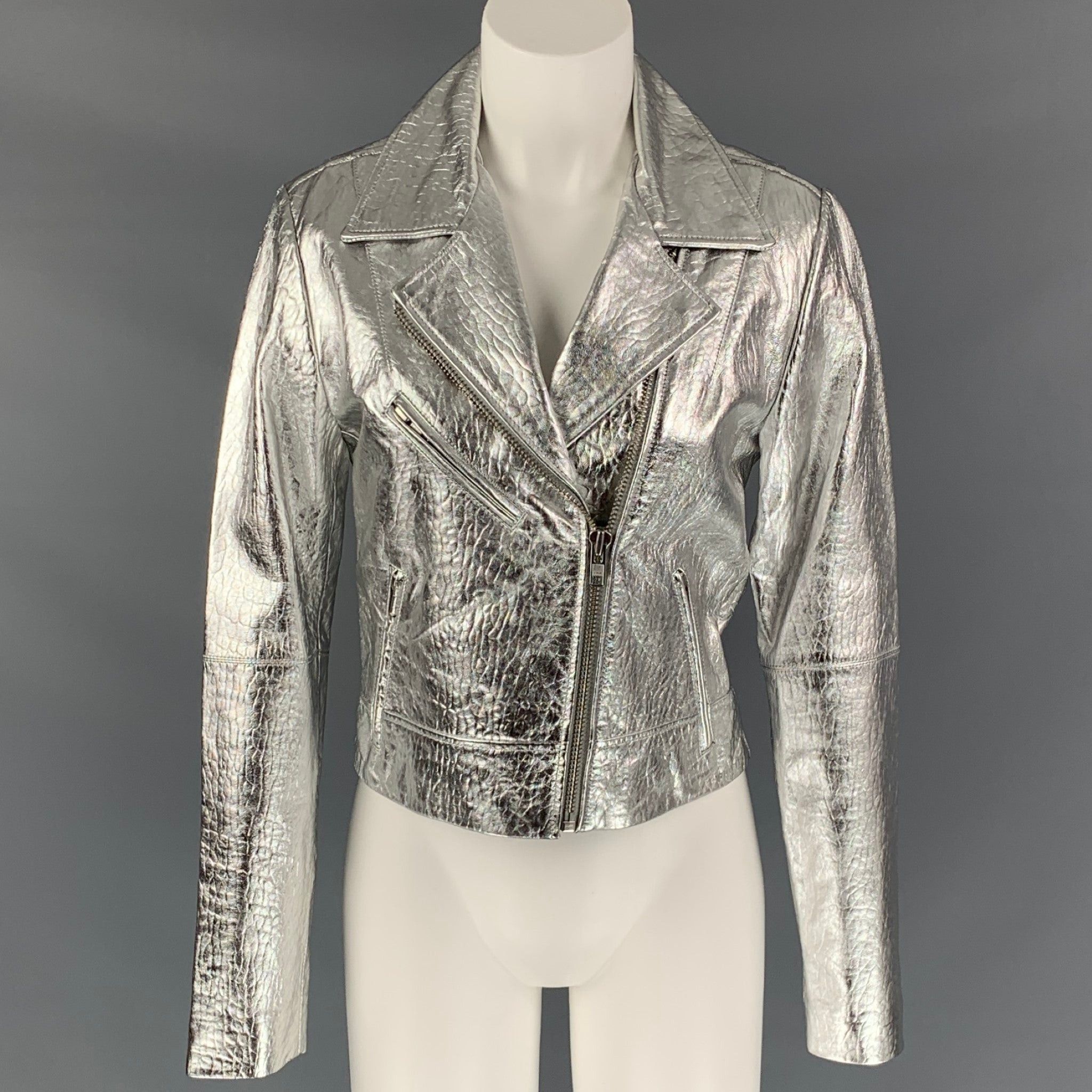 Veda Silver Leather Metallic Biker Jacket | Grailed