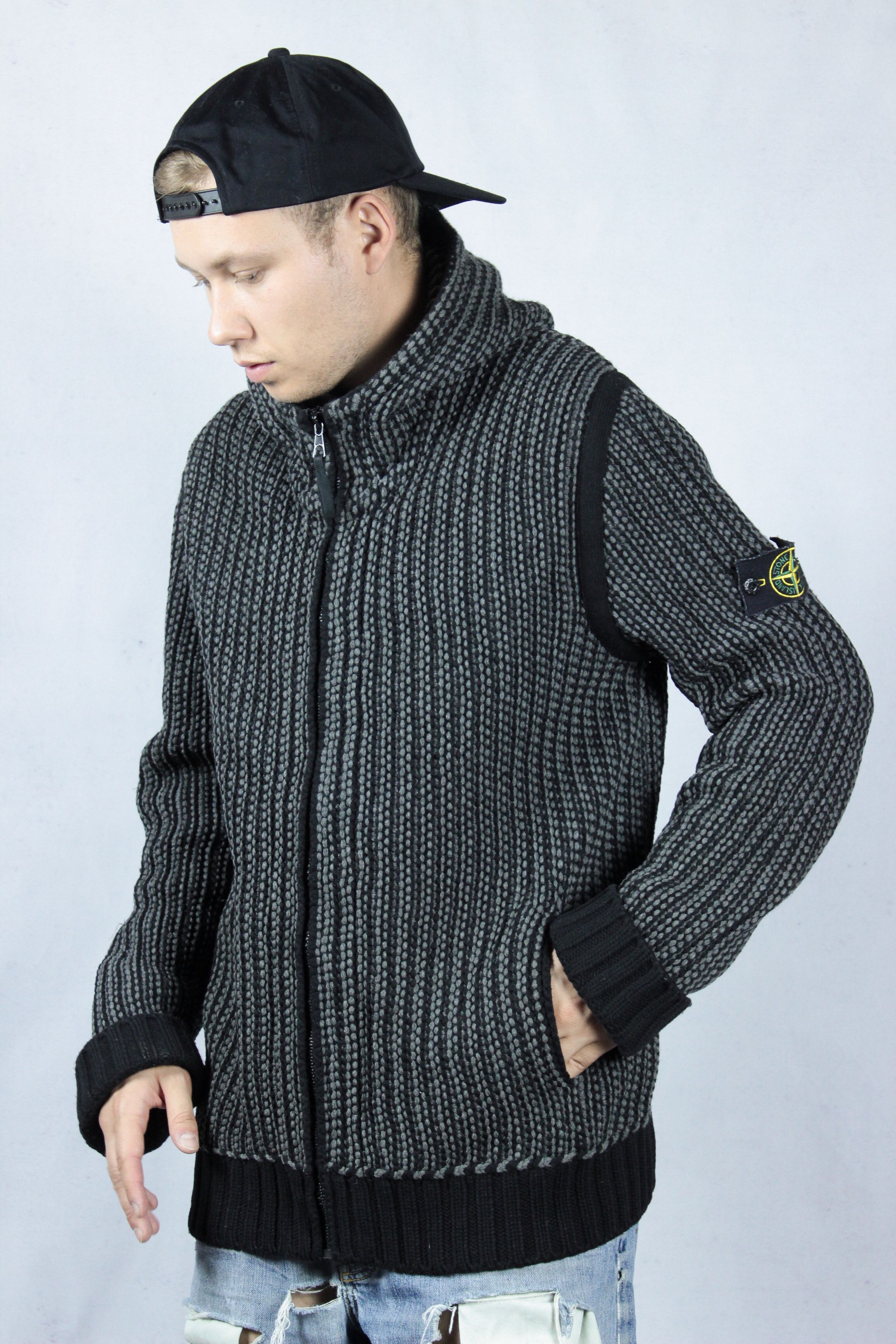 Stone Island Mens STONE ISLAND Heavy Knit Zip Hooded Jacket Stone Island Mens STONE ISLAND Heavy Knit Zip Hooded Jacket