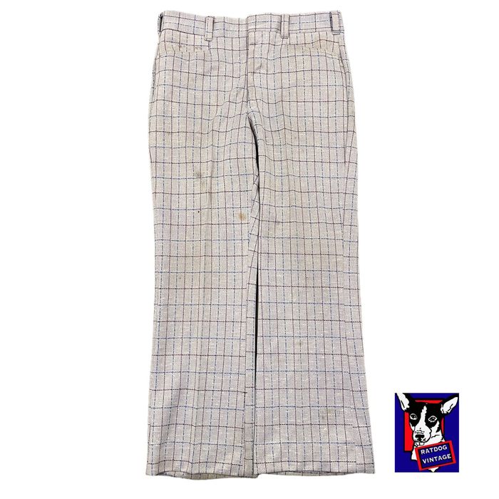 Vintage 70s VTG Gray Plaid Window Pane Flare Bottom Poly Disco Pants ...