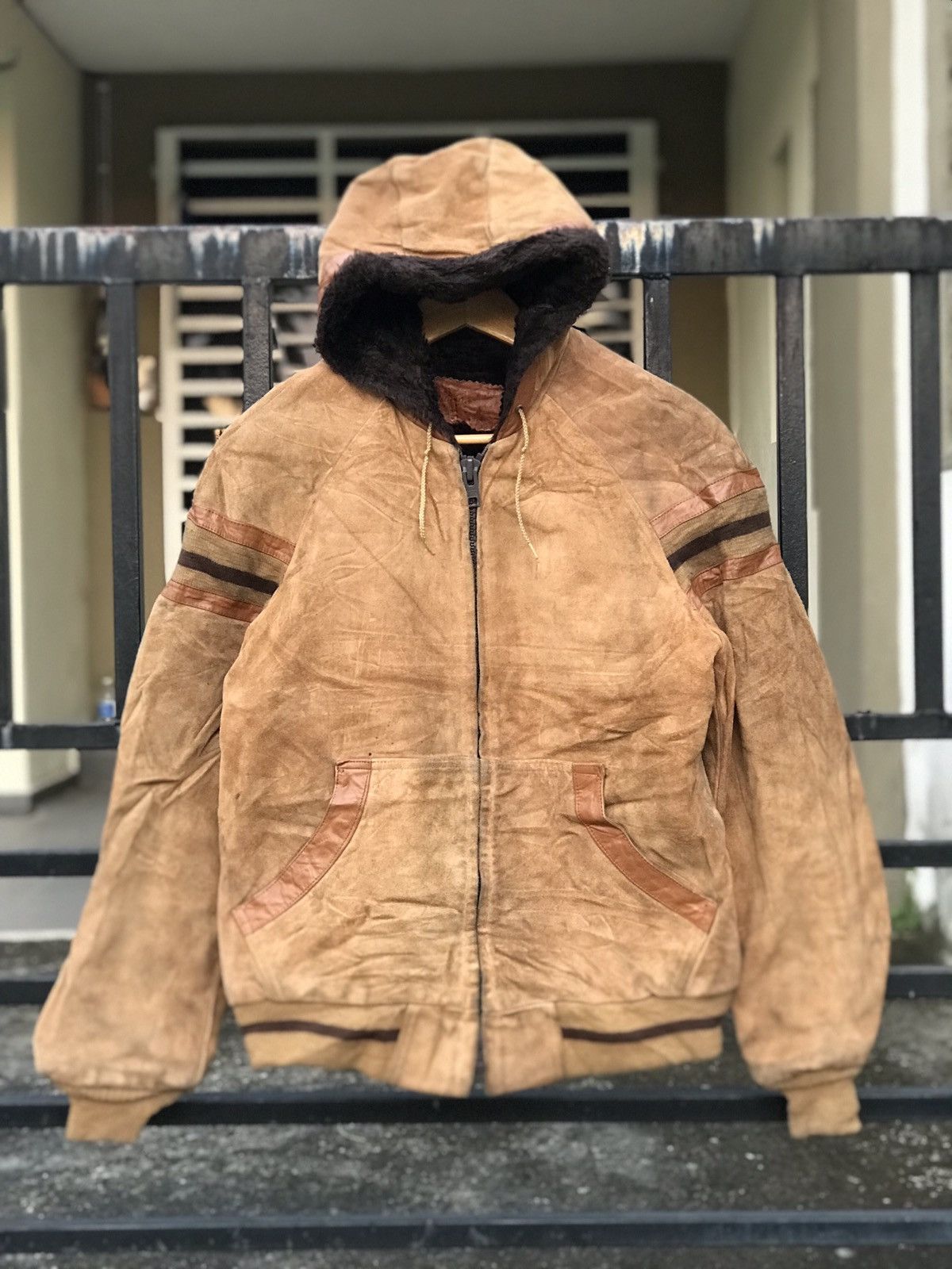 William Barry Wlliam barry Suede Leather Bomber Jacket Hoodie | Grailed