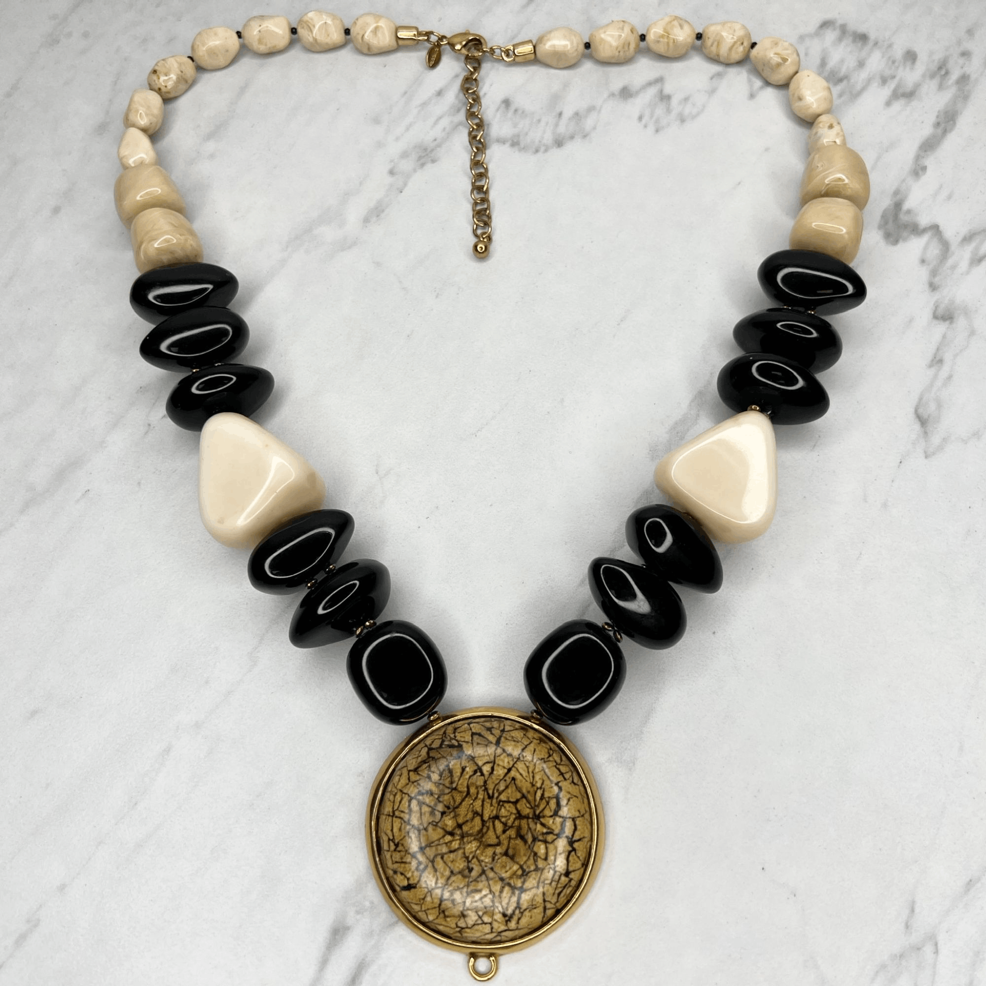 Chicos Chico's Chunky Black and Cream Beaded Gold Tone Necklace | Grailed