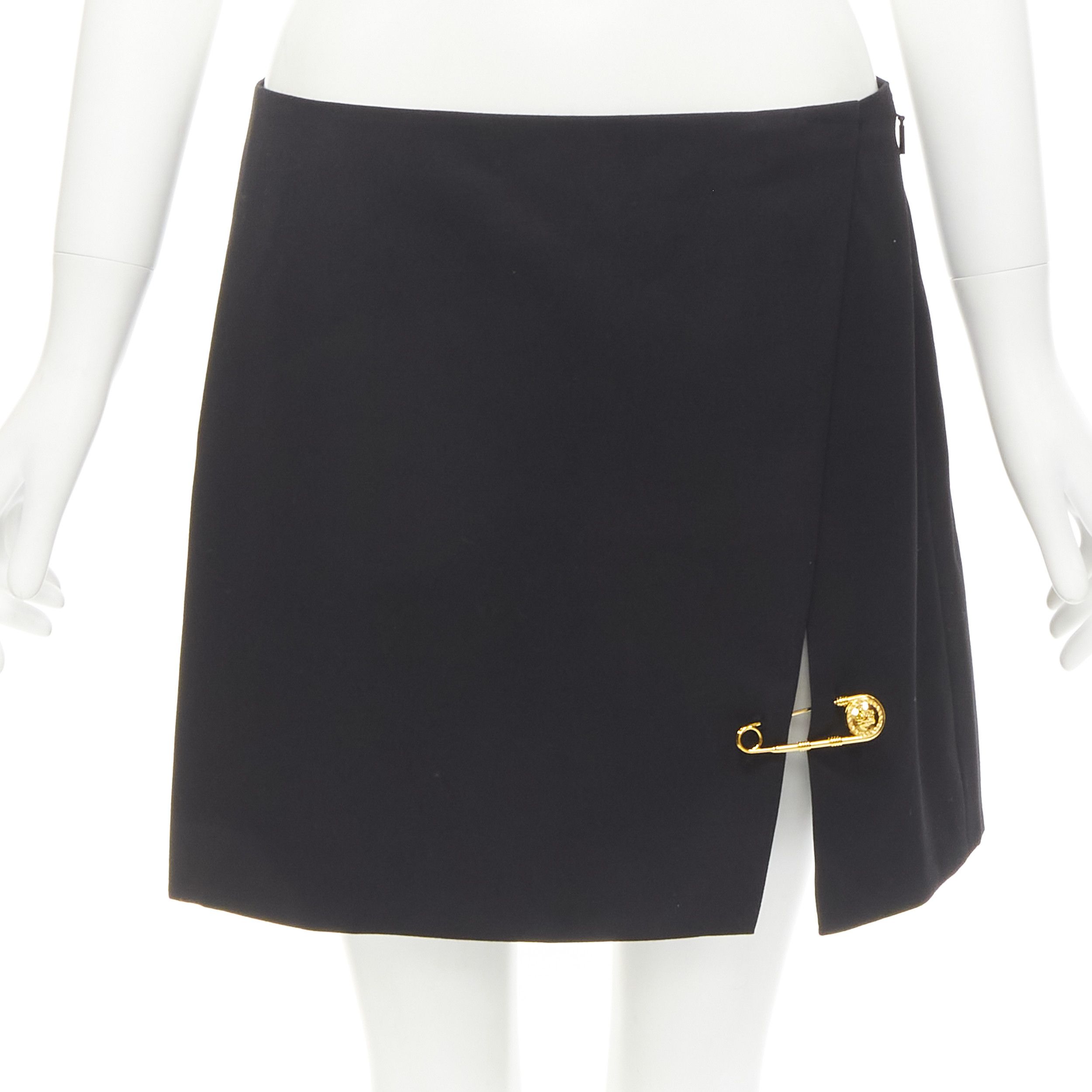 Versace New Versace Black Wool Gold Medusa Safety Pin High Slit Mini