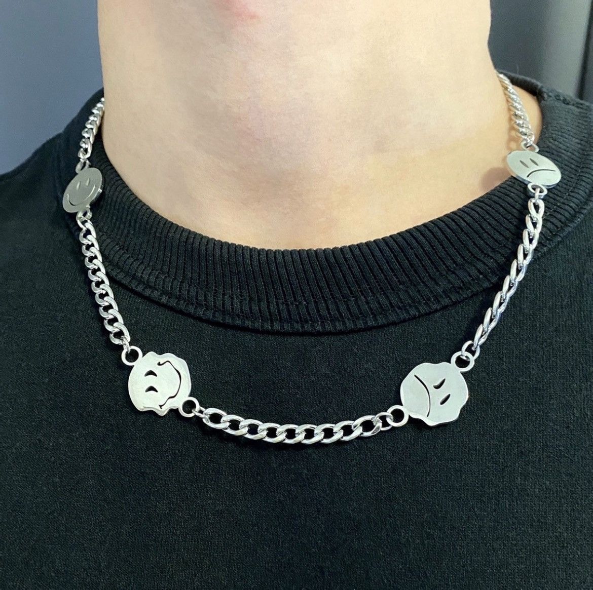 Jewelry × Streetwear Smile happy face necklace sad emoji Cuban chain ...