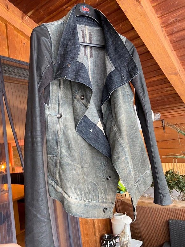 Rick Owens DRKSHDW Exploder Denim Jacket with Leather Sleeves | Grailed