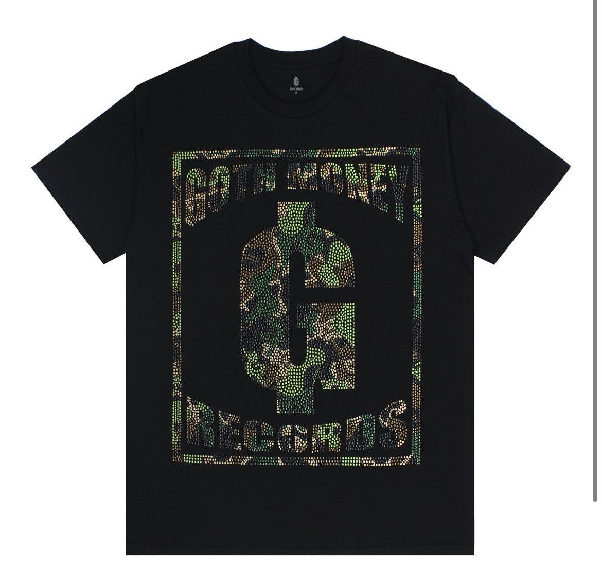 Goth Money GOTH MONEY RECORDS CAMO STUDDED LOGO TEE - LARGE | Grailed