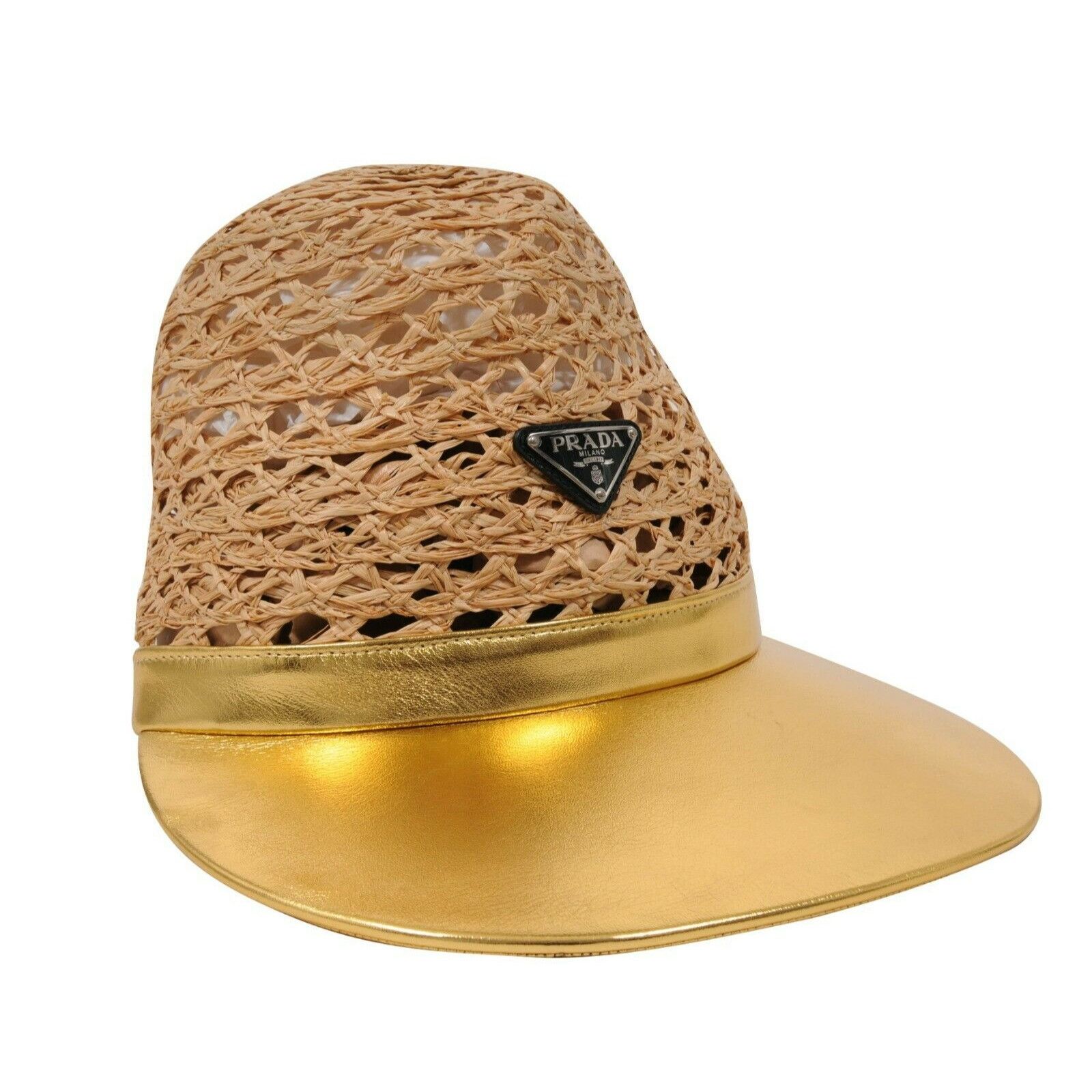 Prada Raffia Wide Straw Logo Plaque Visor Hat Cap Gold Leather | Grailed
